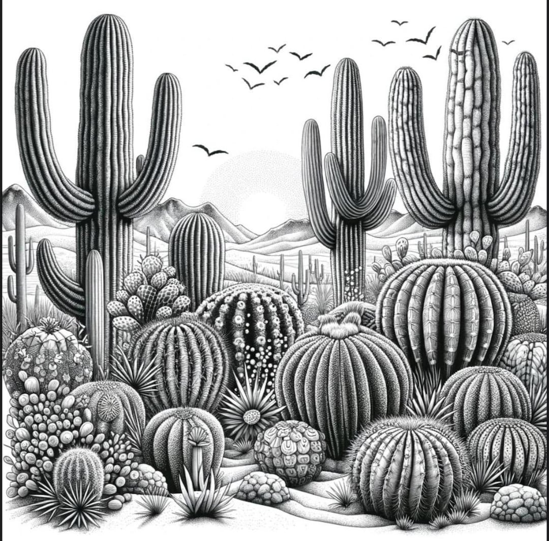 Adult Coloring Page - Realistic Cactus Theme - Etsy
