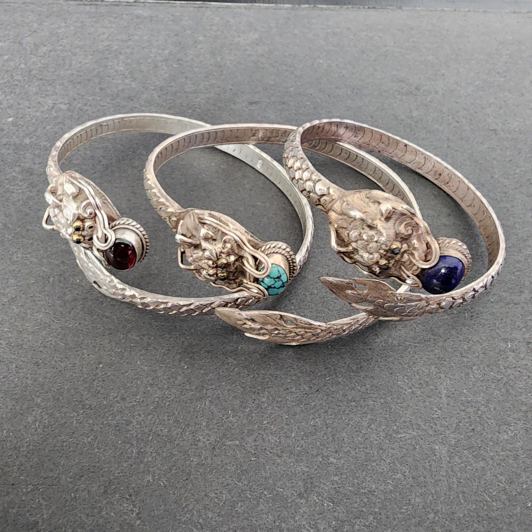 Adjustable Sterling Silver Nepali Dragon Bracelet With Gemstones ...