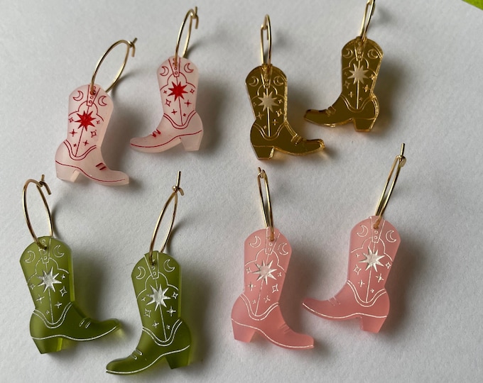 Small Cowboy Boot Charms on Small Gold Plated Hoop Earrings or Silver ...