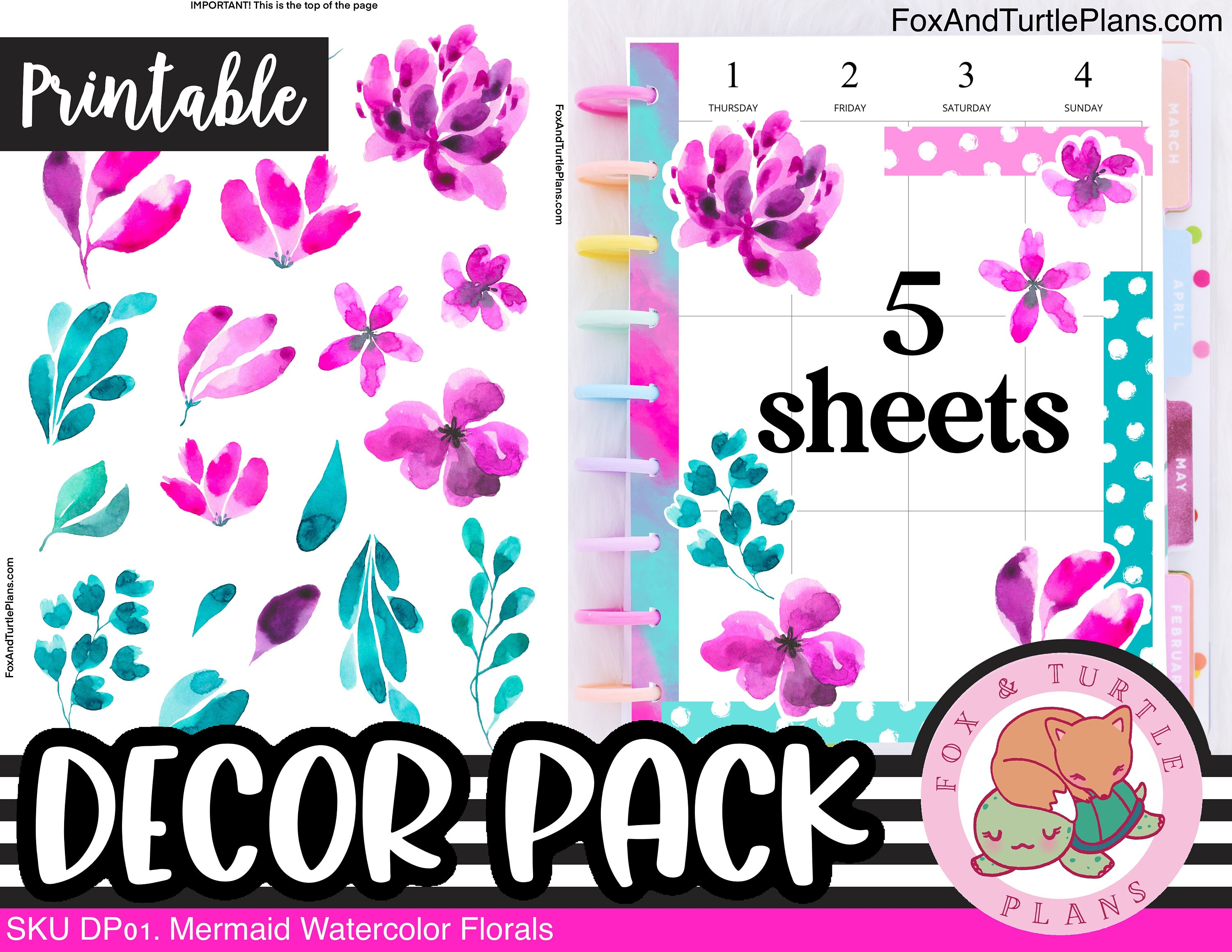 Printable Happy Planner Stickers Classic Decor Kit Mermaid Watercolor ...