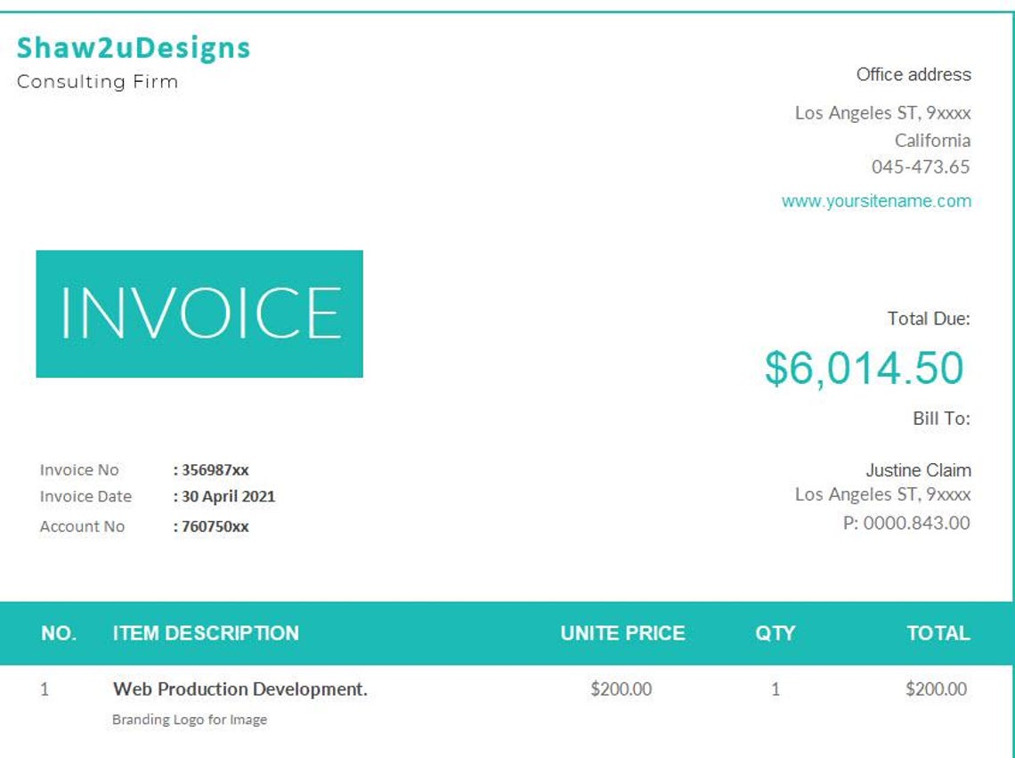Custom Digital Excel Invoice Template | Auto-calculation in Excel ...
