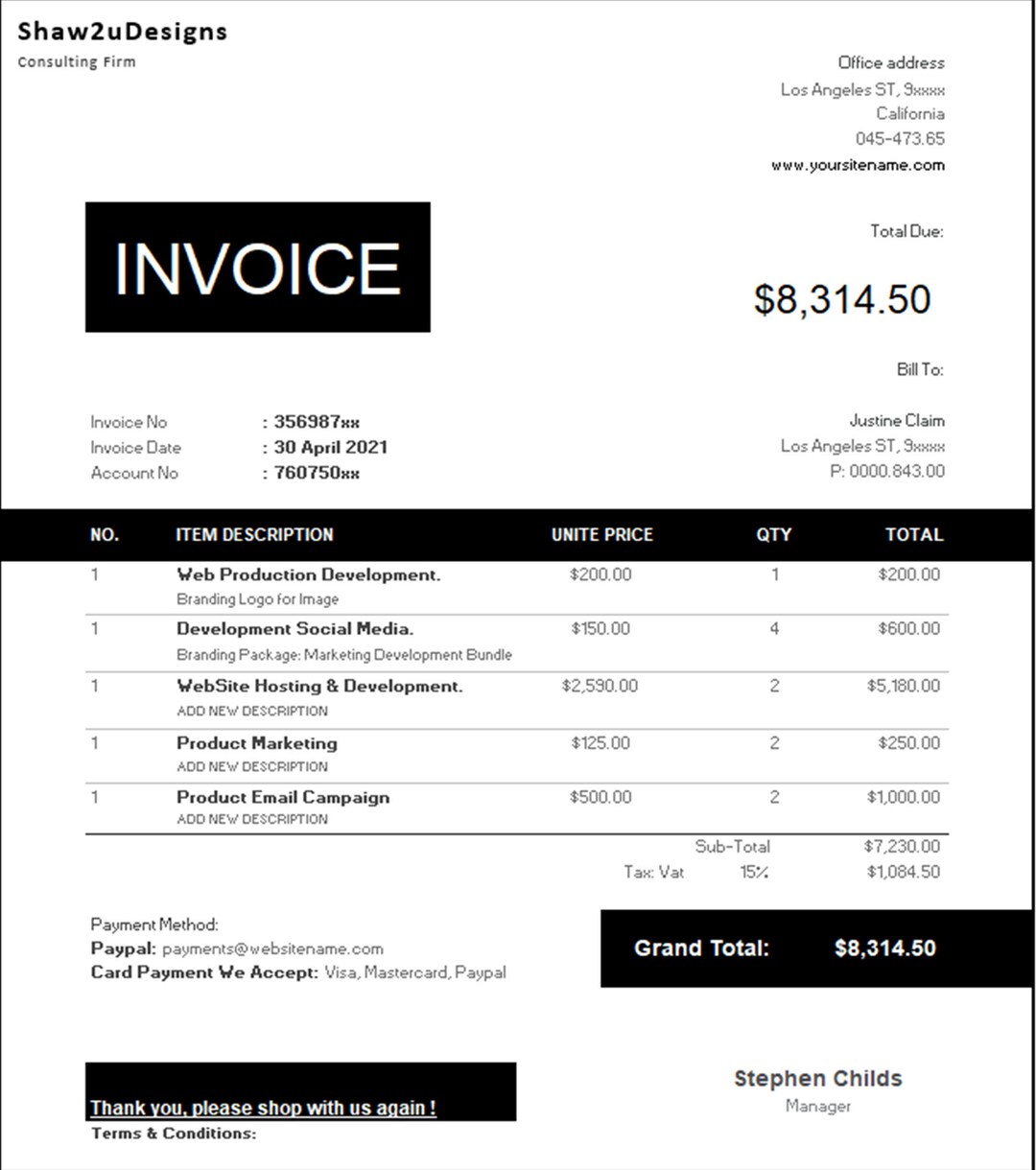 Custom Digital Excel Invoice Template | Auto-calculation in Excel ...