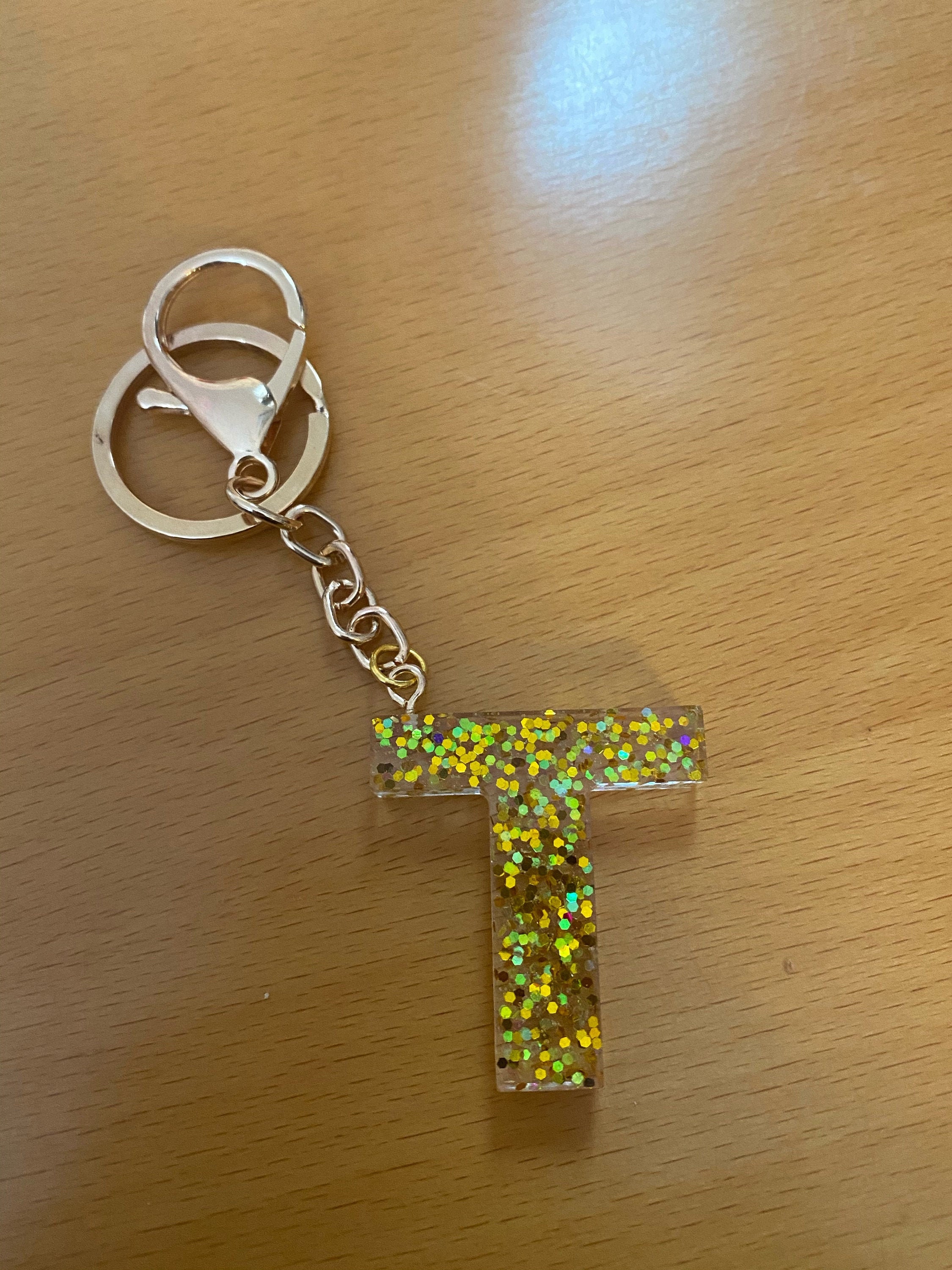 Gold Glitter Letter 'T' Keychain Handmade Gift | Etsy