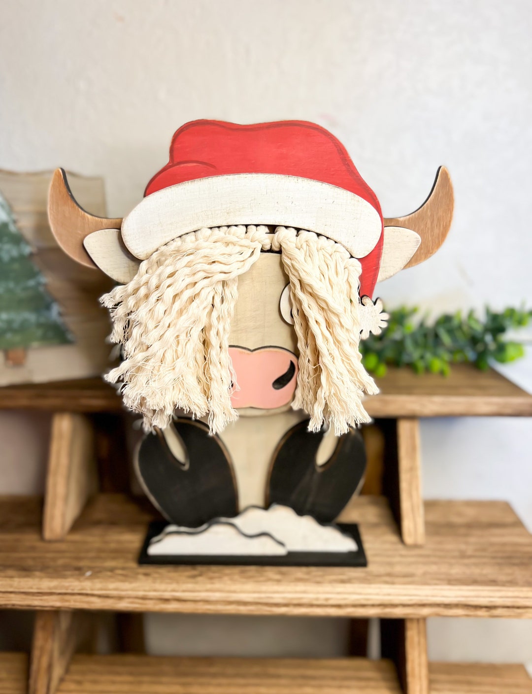 Highland Christmas Cow Wooden Decor | Hand Painted Country Holiday ...