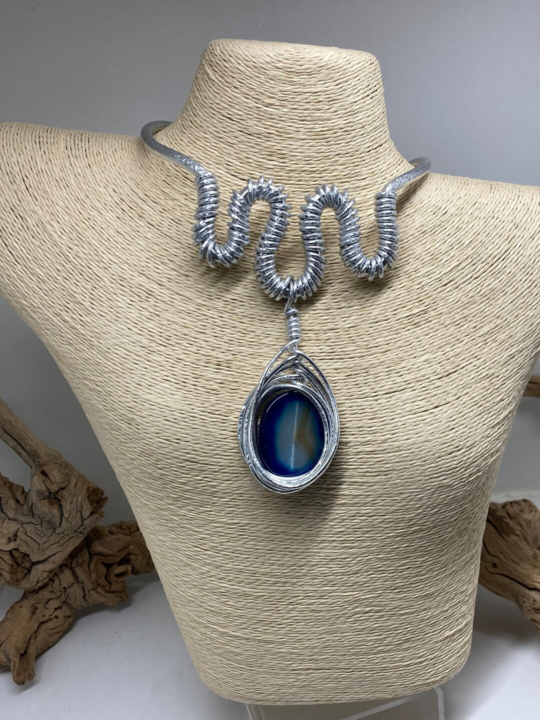 Silver Wire-wrapped Choker With Blue Agate Stone. Aluminum - Etsy