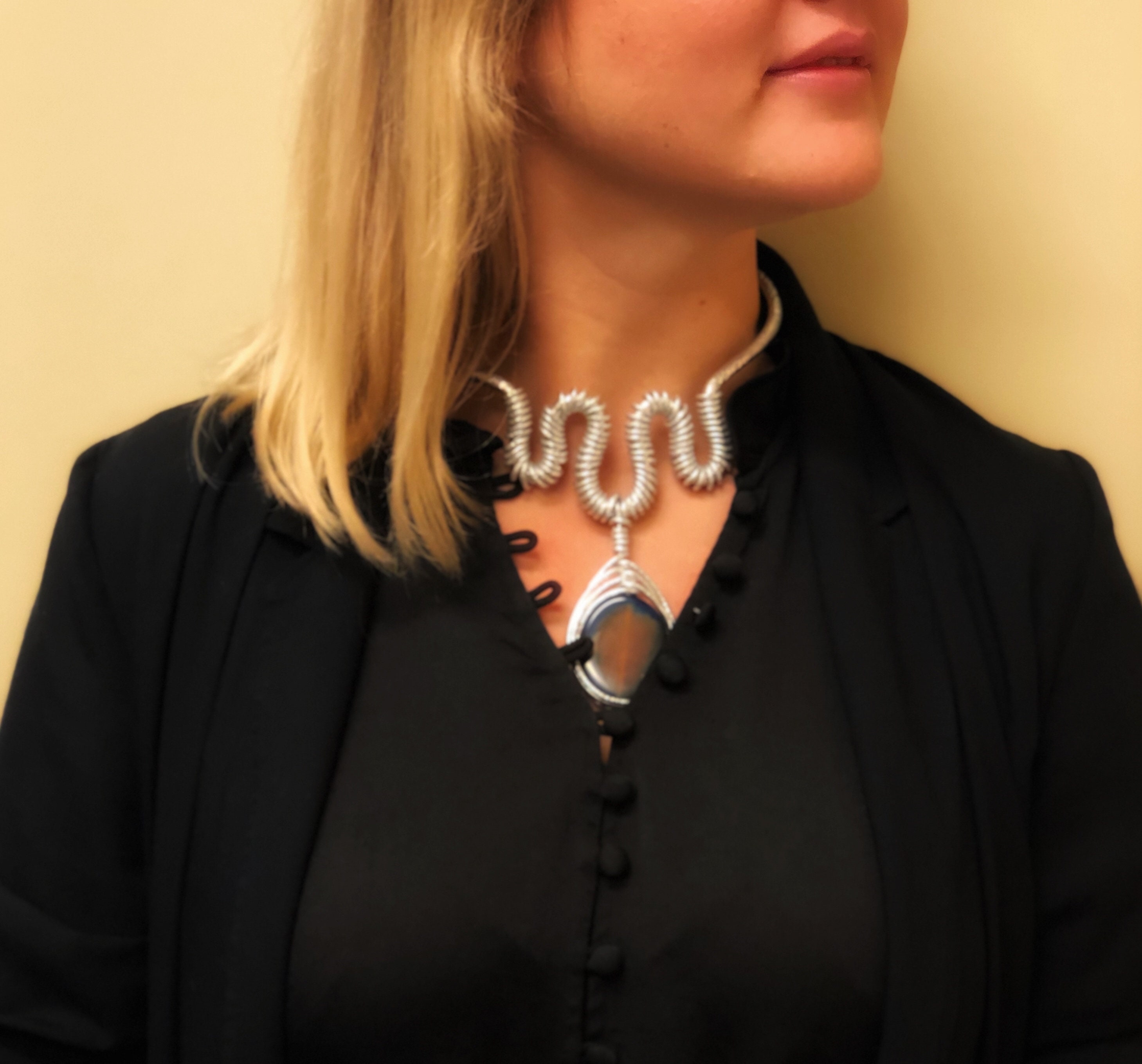 Silver Wire-wrapped Choker With Blue Agate Stone. Aluminum - Etsy