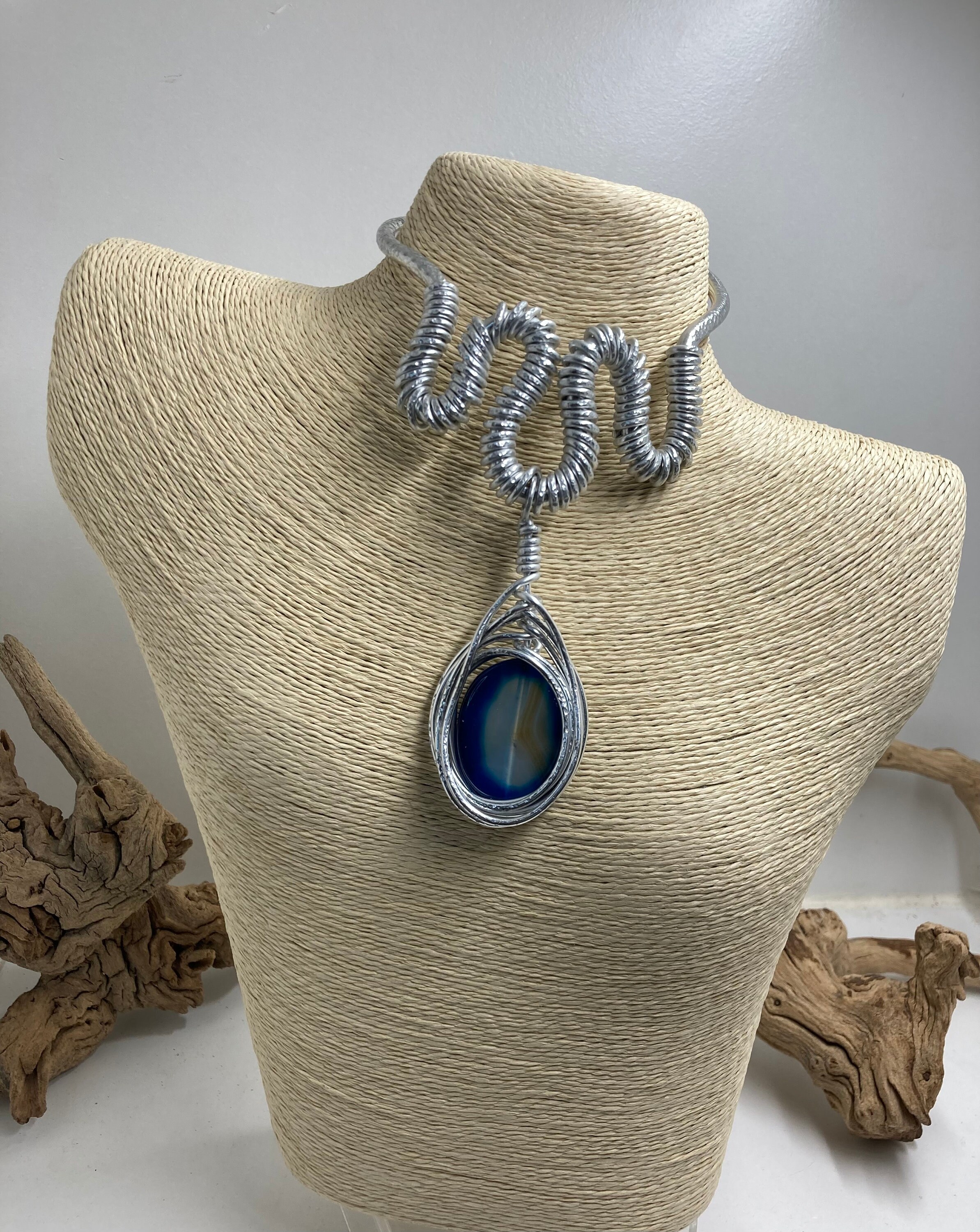 Silver Wire-wrapped Choker With Blue Agate Stone. Aluminum - Etsy