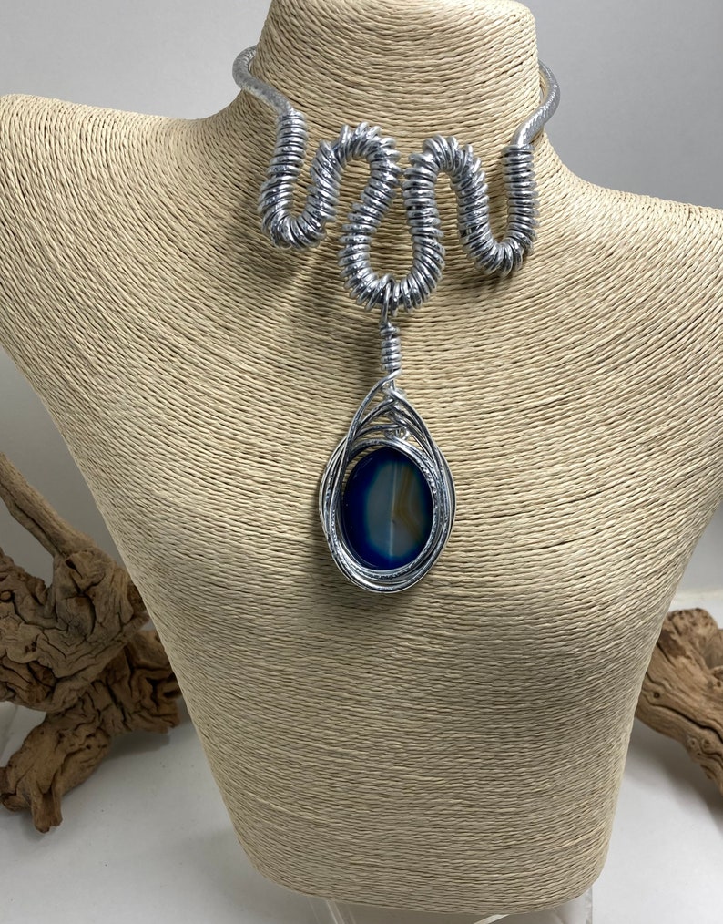 Silver Wire-wrapped Choker With Blue Agate Stone. Aluminum - Etsy