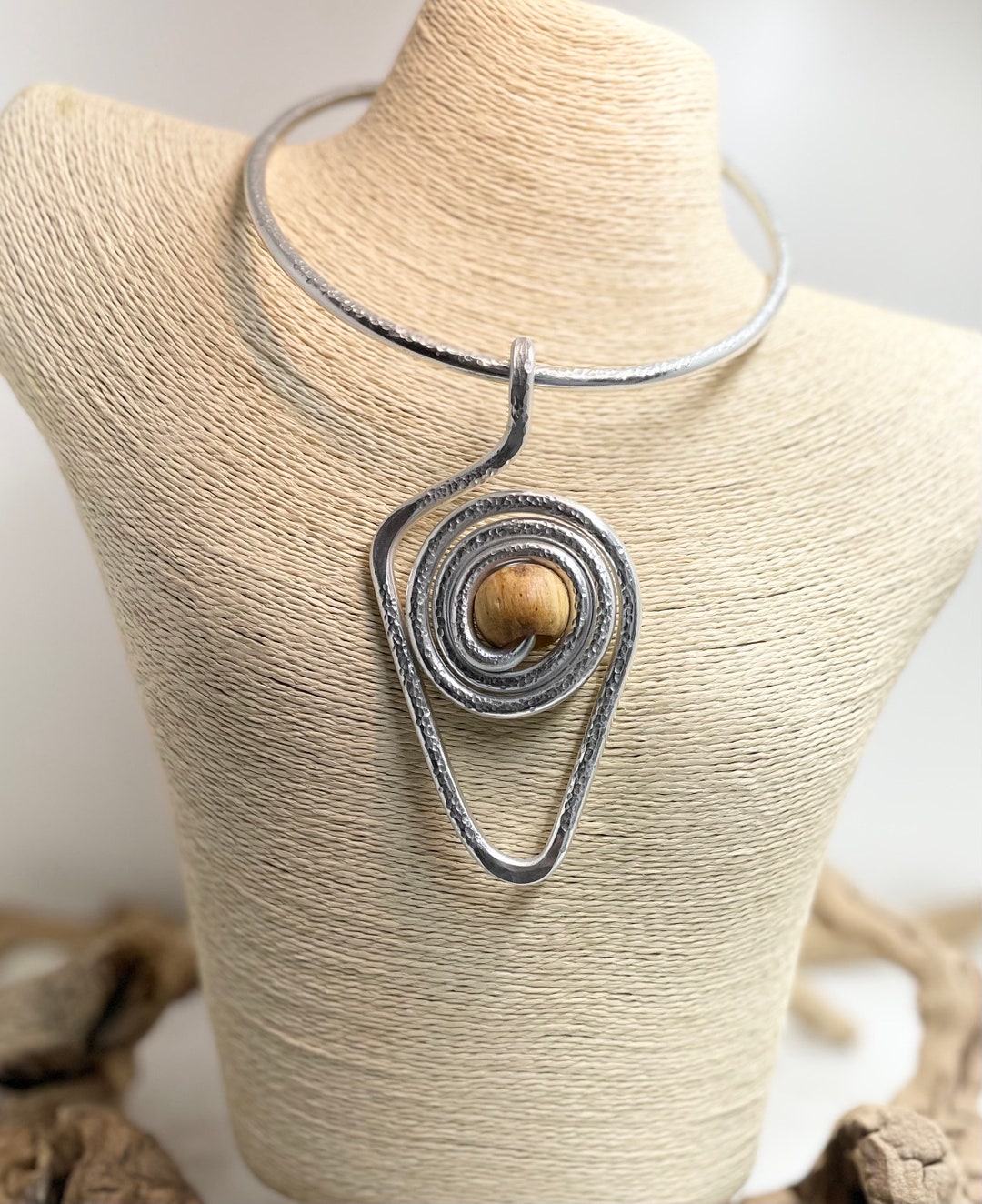 Silver Triangular Pendant With Spiral and Wood Bead Neckpiece Aluminum ...