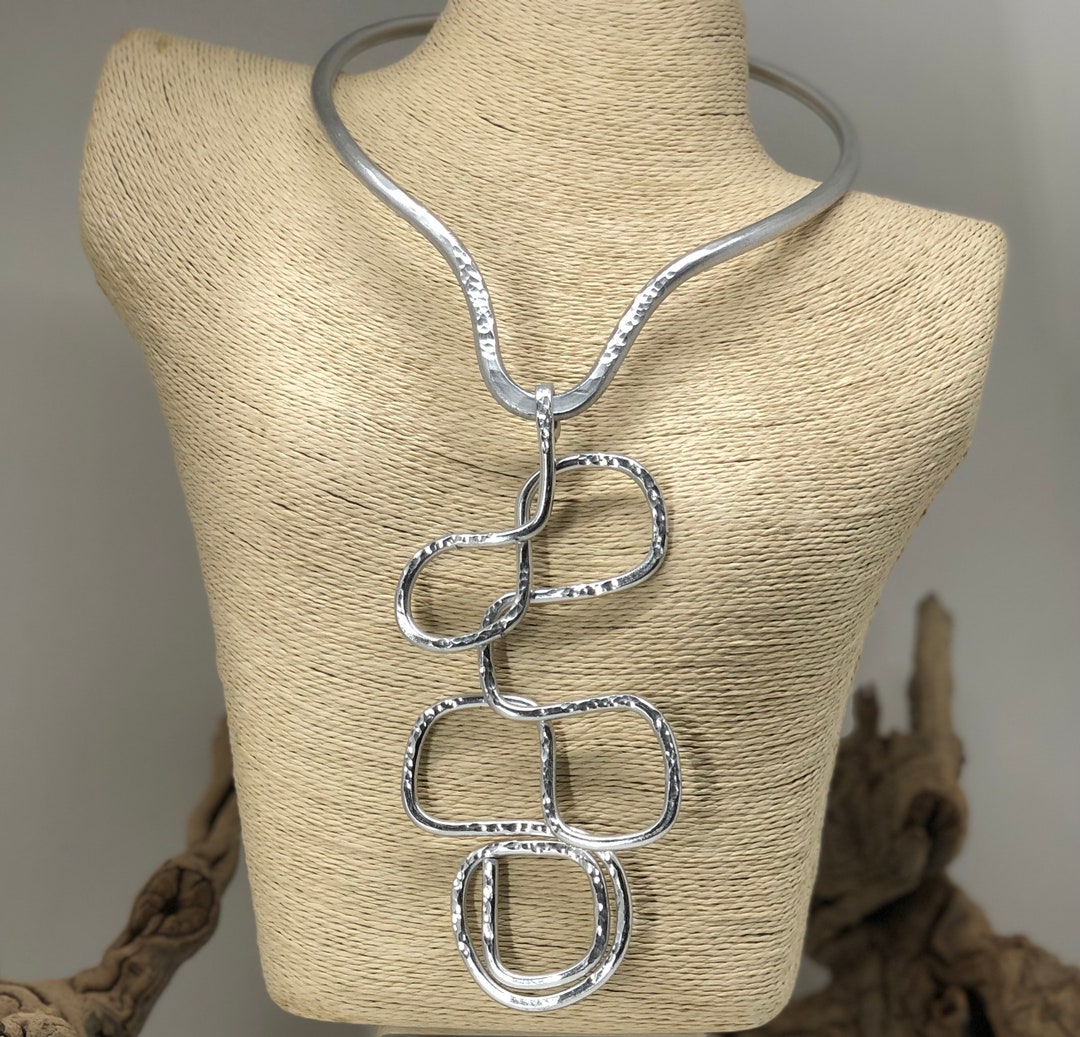 Silver Abstract Pendant and Neckpiece Aluminum Oversized Necklace Bold ...