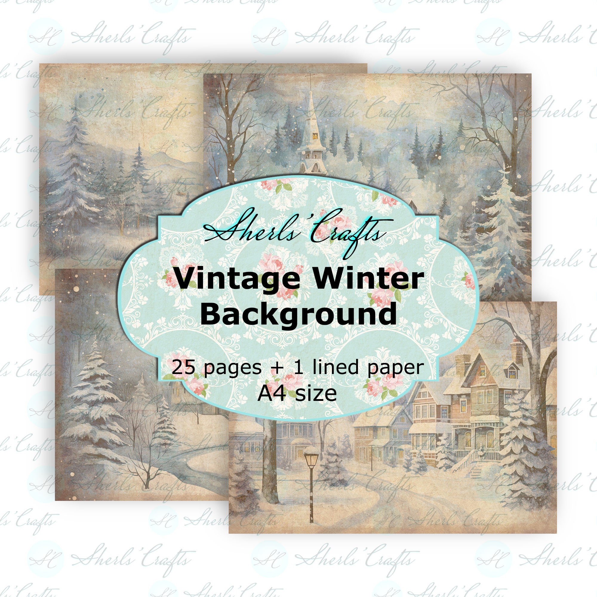 Vintage Winter Background - A4 Size | Christmas | Digital Download ...