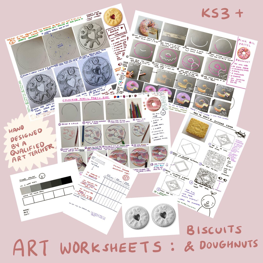 Sweet Treats Drawing Worksheets, Step-by-step Biscuit and Doughnut, Art ...