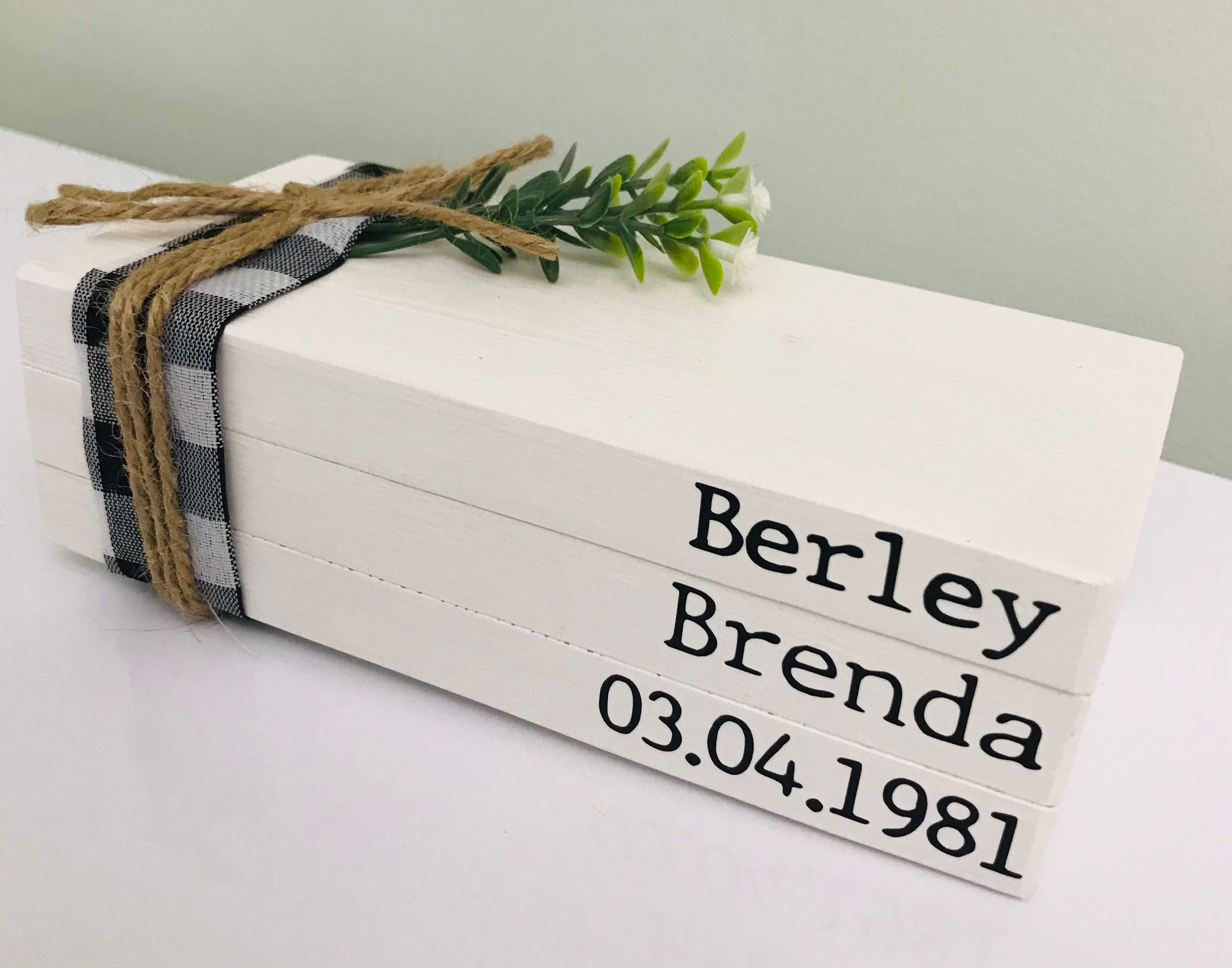 Farmhouse Faux Wooden Book Stacks Custom Jute Burlap Plaid White ...