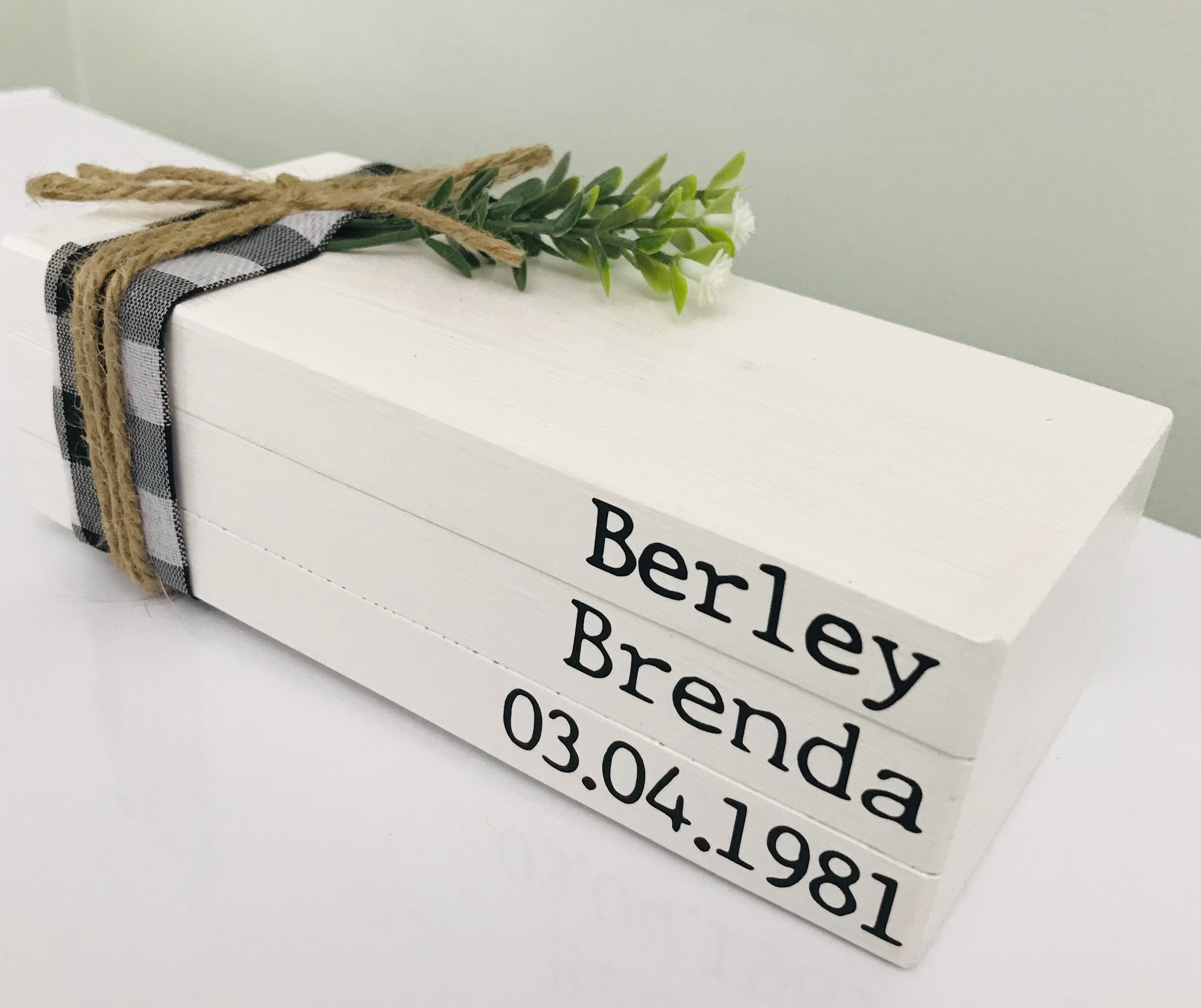 Farmhouse Faux Wooden Book Stacks Custom Jute Burlap Plaid White ...