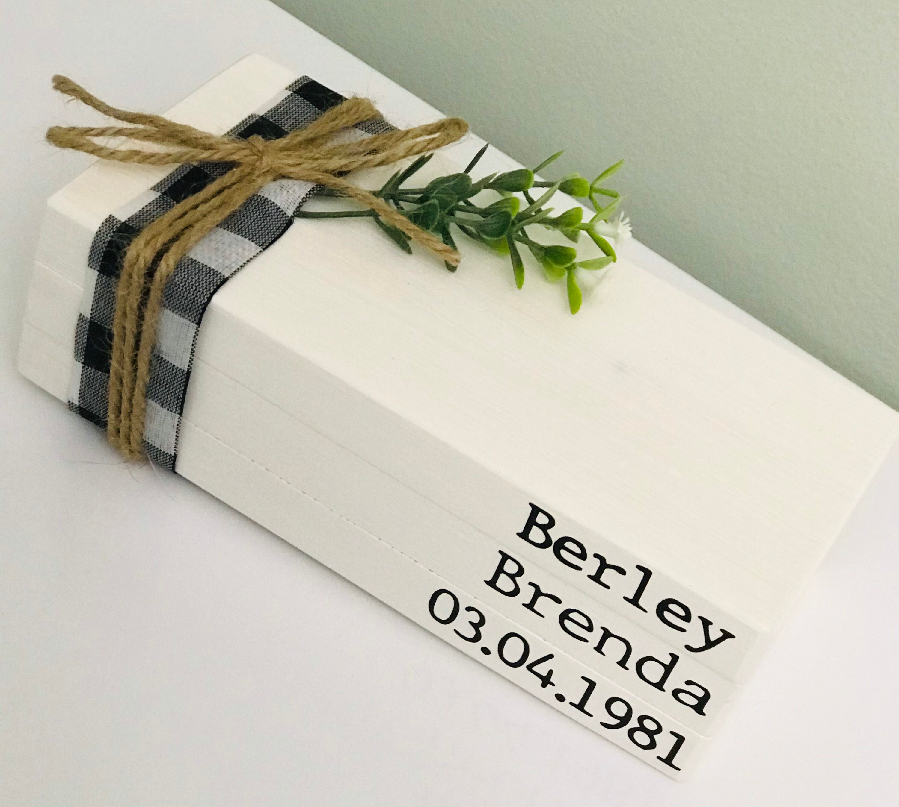 Farmhouse Faux Wooden Book Stacks Custom Jute Burlap Plaid White ...