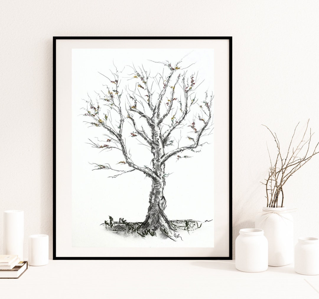 Original Sketch Tree Artwork, Minimalist Abstract Tree Drawing Pencil ...