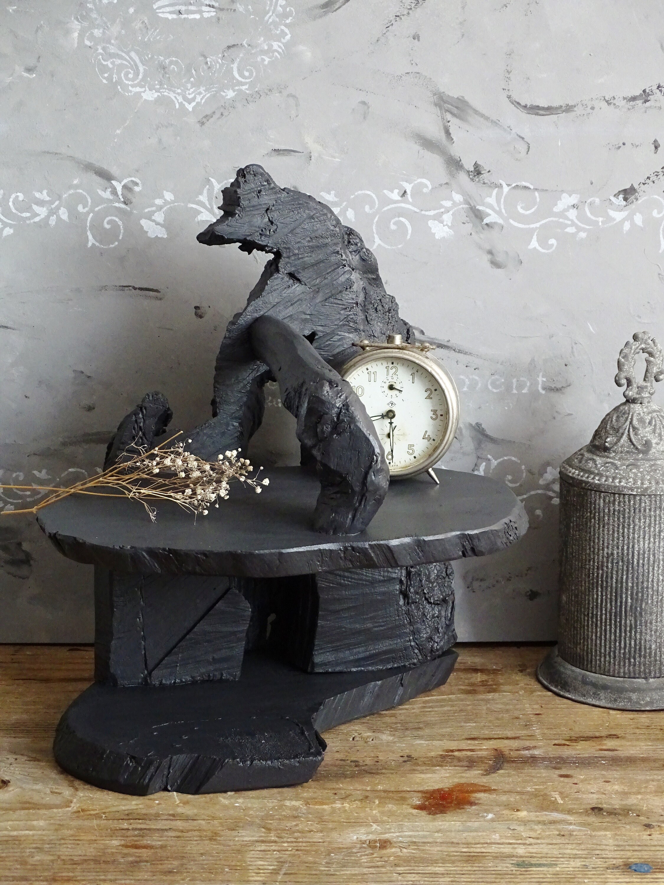 Abstract Black Wood Display Shelf, Gothic Brutalist Shelf, Goth ...