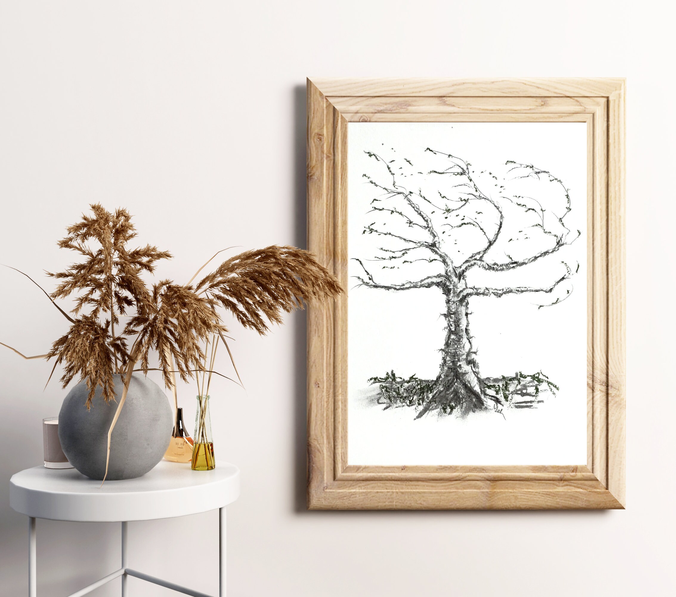 Original Windswept Tree Sketch, Tree Artwork, Minimalist Abstract ...