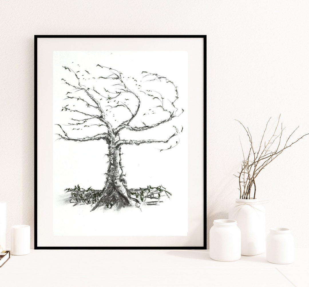 Original Windswept Tree Sketch, Tree Artwork, Minimalist Abstract ...