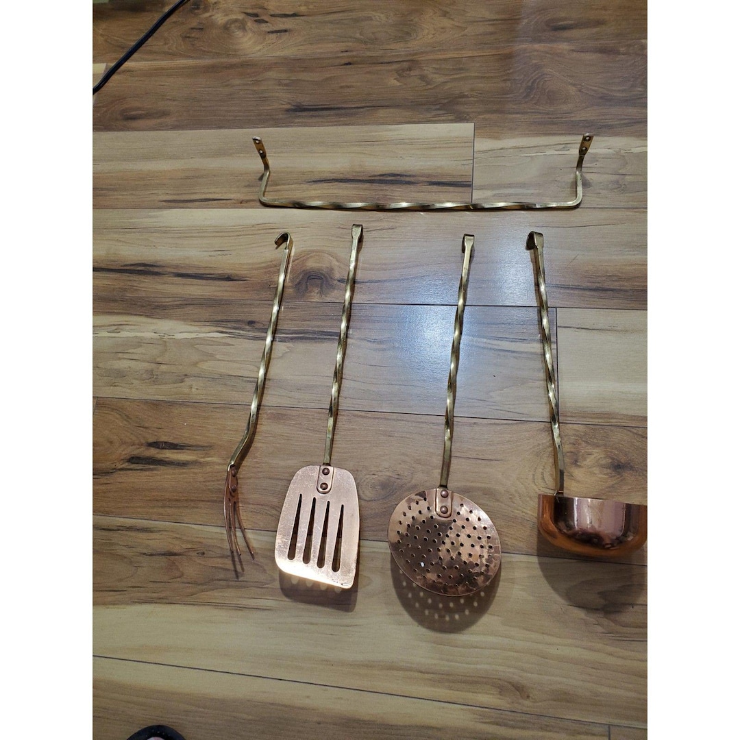 4 Solid Copper and Brass Kitchen 15 Utensils Spatula, Strainer, Flipper ...