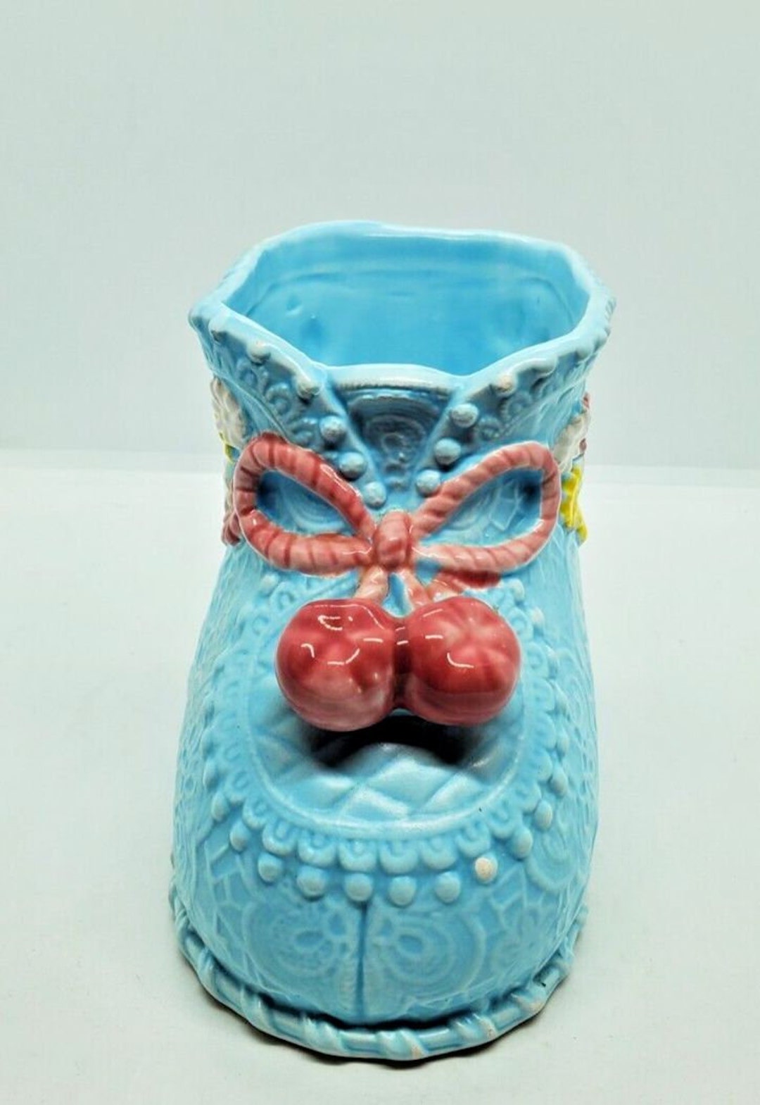 Napco Pottery Baby Ceramic Blue Bootie Planter With Red Pompoms Vintage ...
