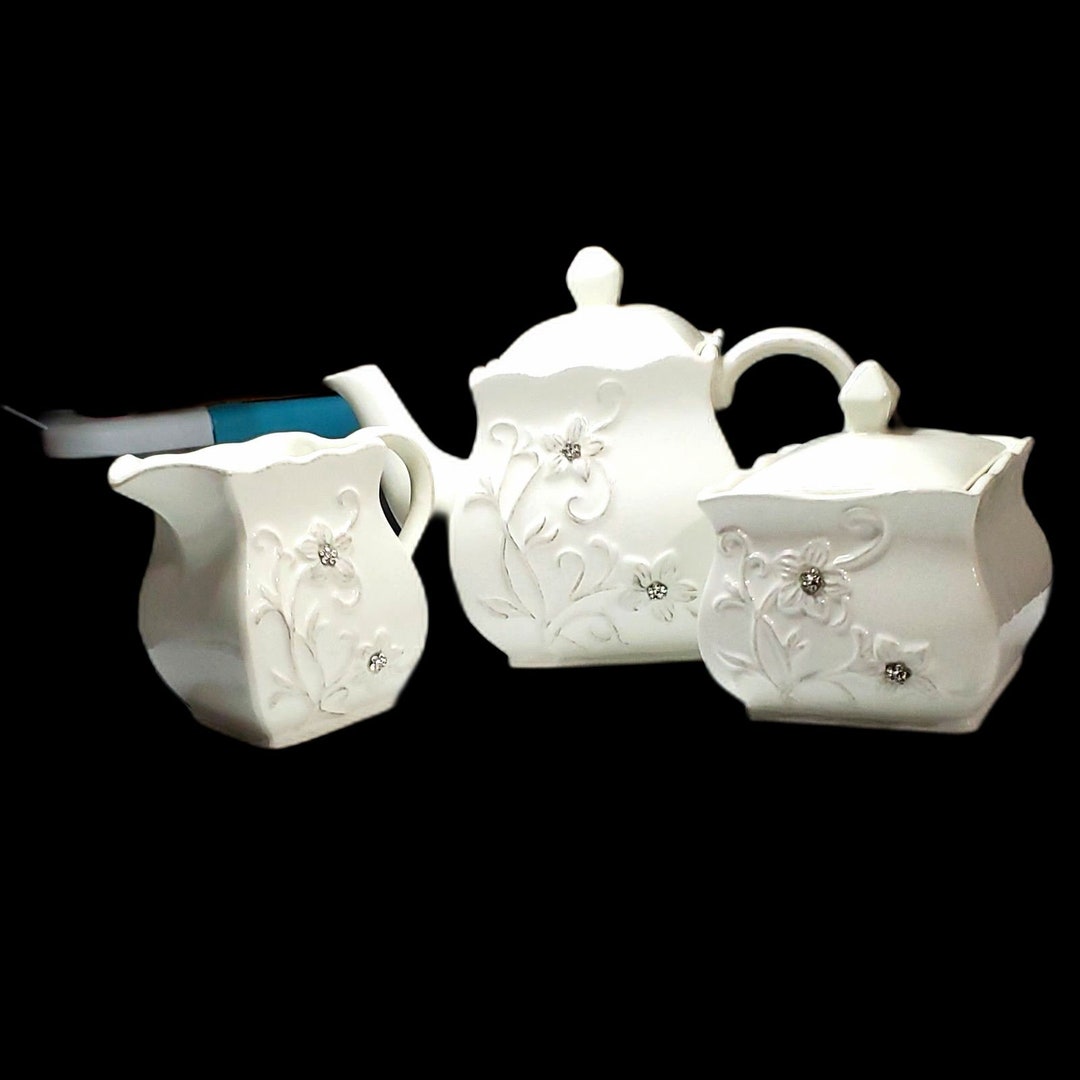 K F Vintage White Teapot Set With Bling Covered Sugar Bowl and Creamer ...