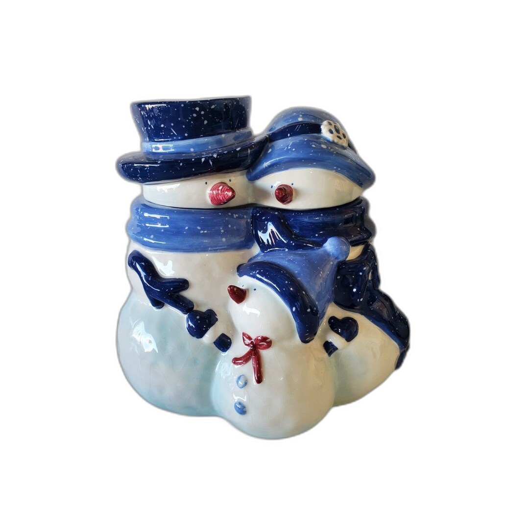 Large Snowman Family Cookie Jar Blue With Snowflakes Vintage Hand ...