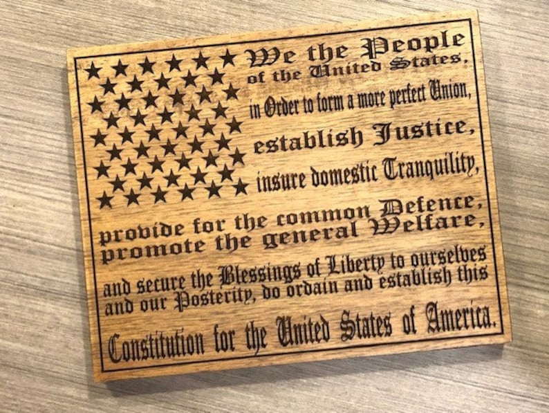 We the People Preamble for the Constitution of the United States American Flag Engraved Wood ...