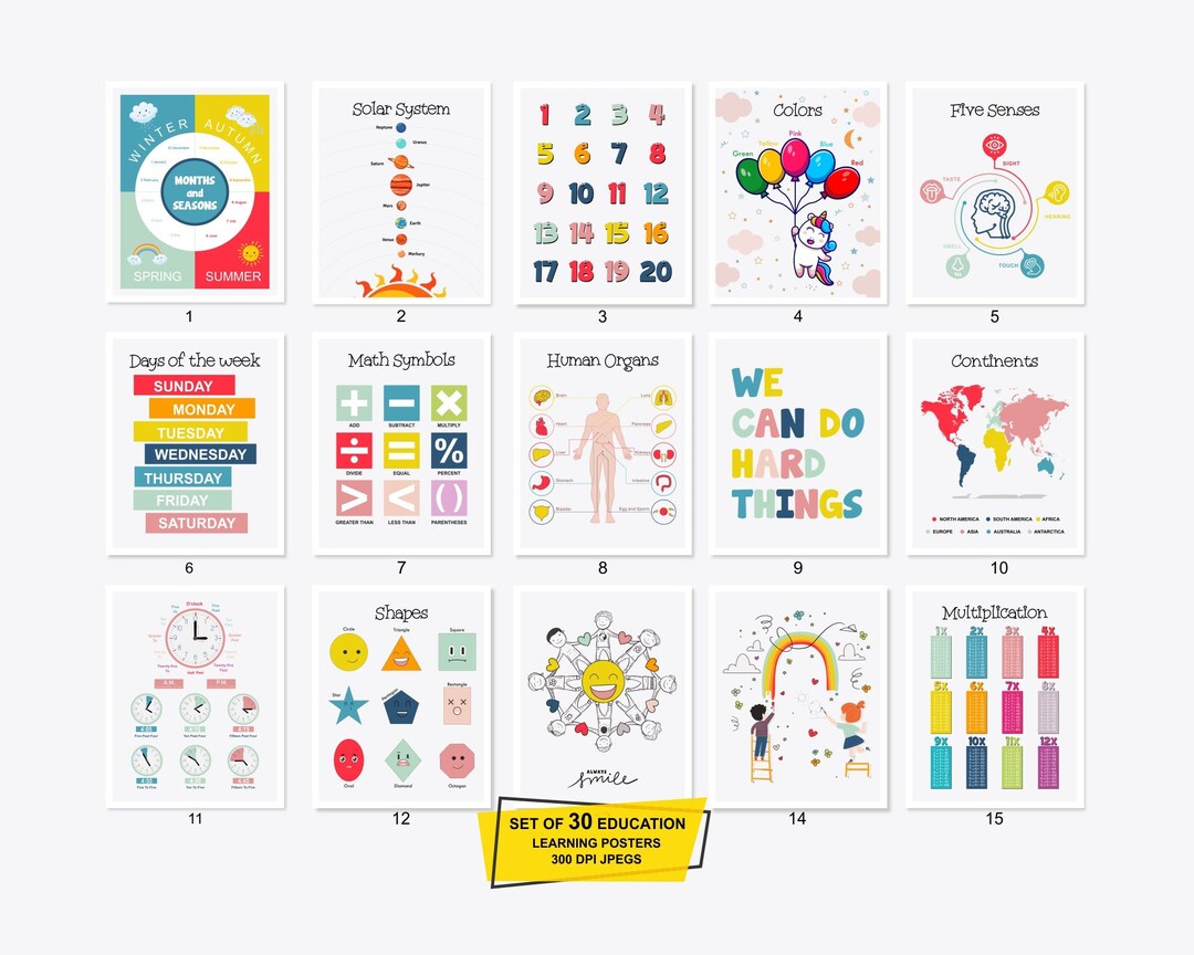 Set of 30 Educational Posters, Montessori Poster, Playroom Print Set ...