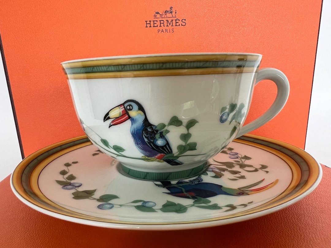 100% Authentic Hermes Toucans Teacup & Saucer Set~with Bird Figure on the Saucer~new Condition ...