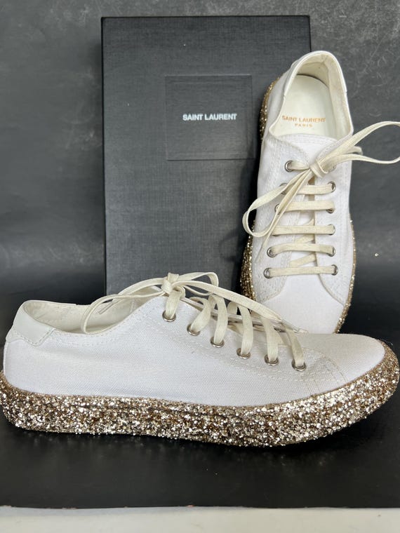 100% Authentic YSL Saint Laurent Gold Glitter White L… - Gem