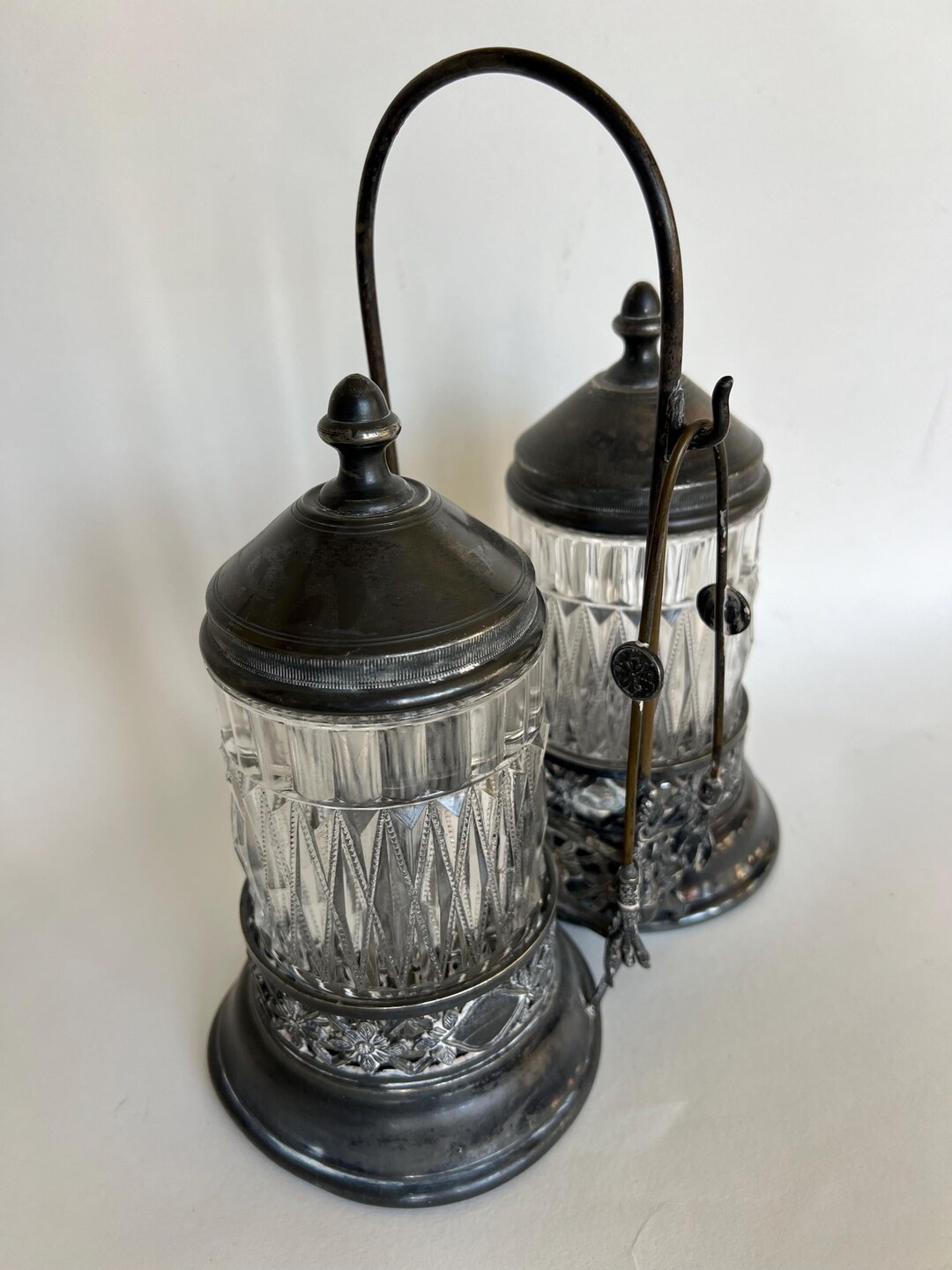 10" Antique Victorian Double Pickle Castor Jars Cut Glass W/ Hands ...