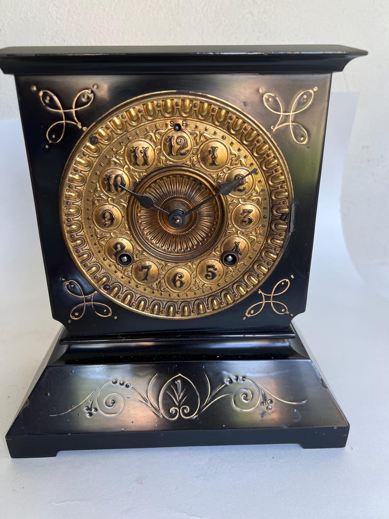 Antique 1880's Ansonia Gold Metal Face Mantel Clock SERVICED IT WORKS ...