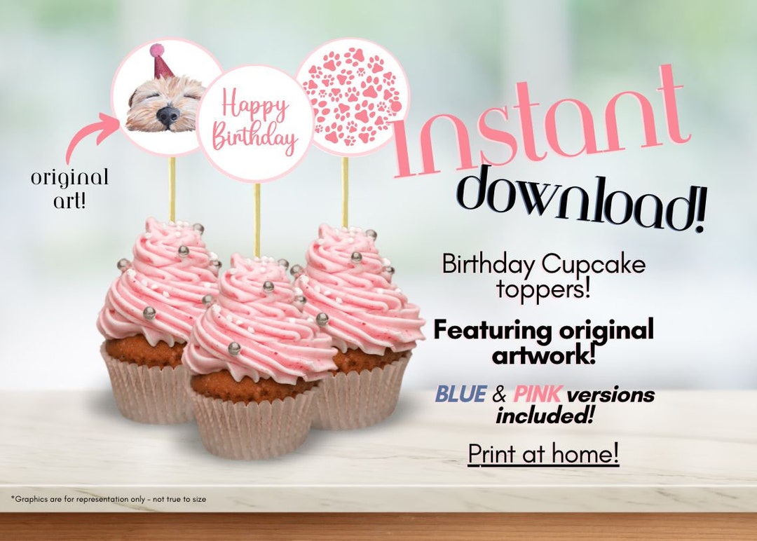Printable Happy Birthday Dog Theme Cupcake Toppers! PINK & BLUE! - Etsy