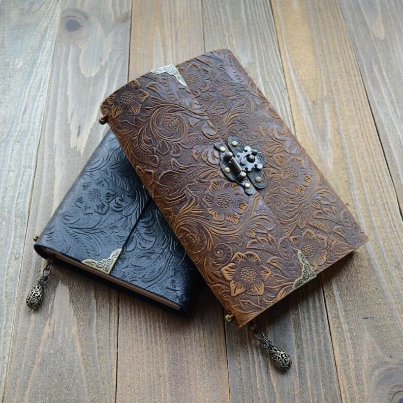 Embossed Pattern Soft Leather Notebook With Lock Key Diary Notepad ...
