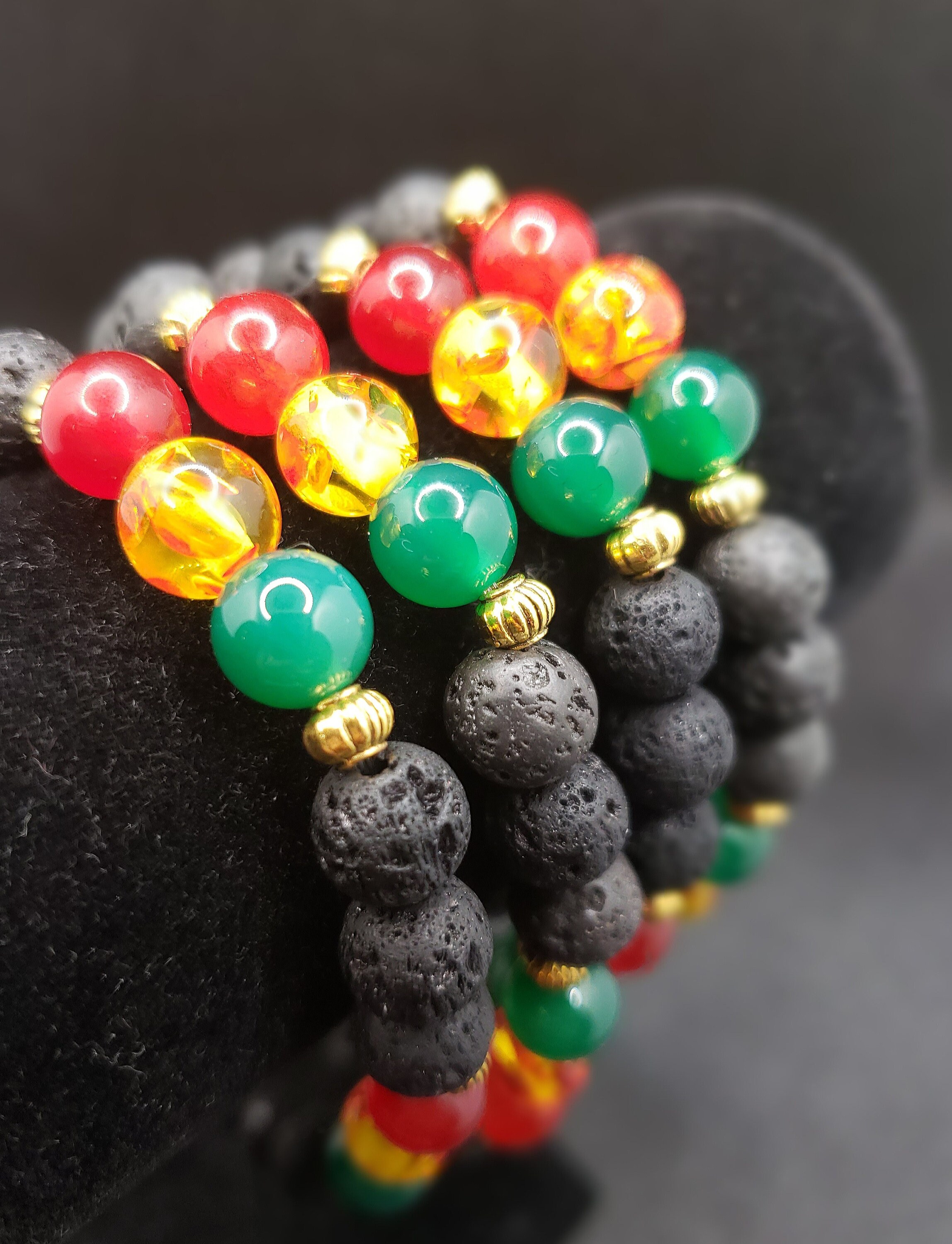 Rasta Gemstone Bracelet With Lava Stone Red Chalcedony - Etsy