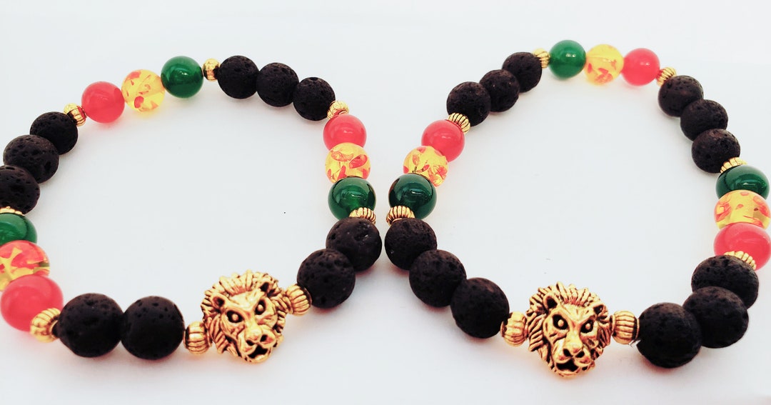 Rasta Gemstone Bracelet With Lava Stone, Red Chalcedony ,amber, and ...
