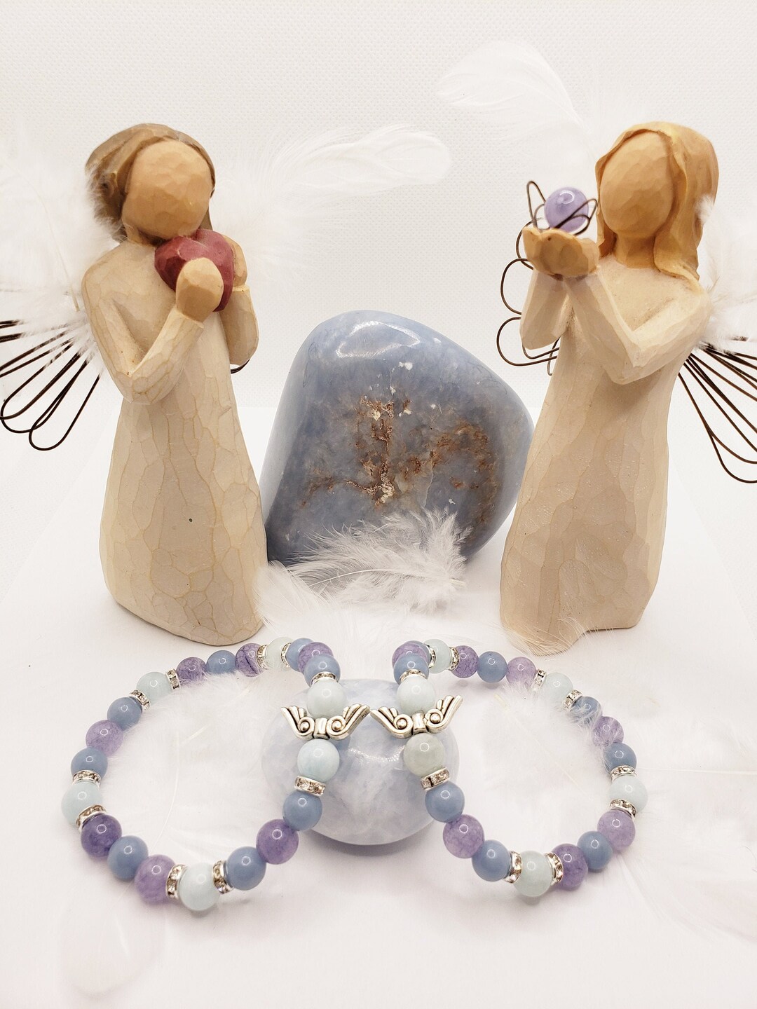 Angelite and Aquamarine Gemstone Bracelet With Silver Angel Wings ...