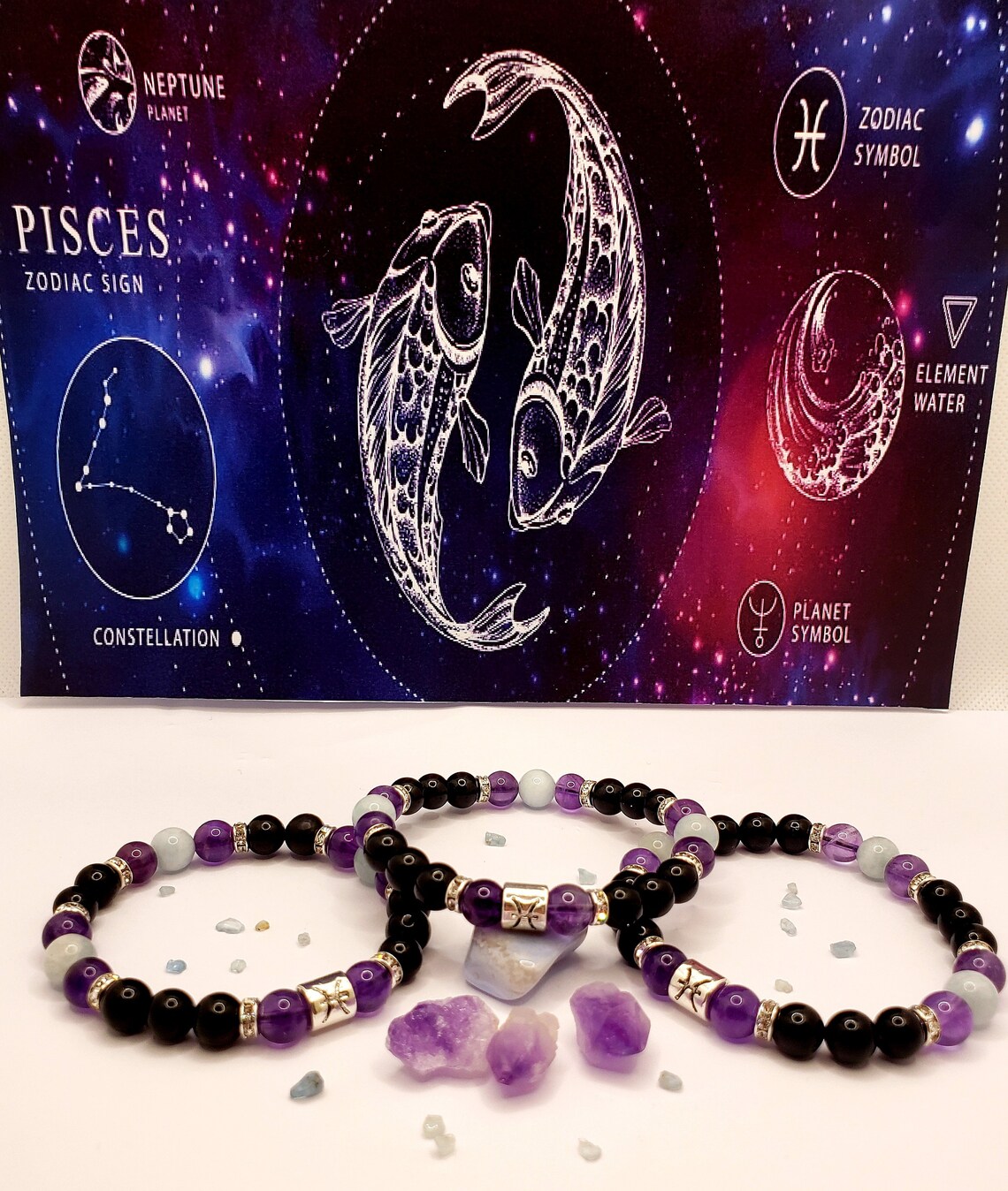 Gemstones for Pisces-amethyst Aquamarine and Black Tourmaline - Etsy Canada