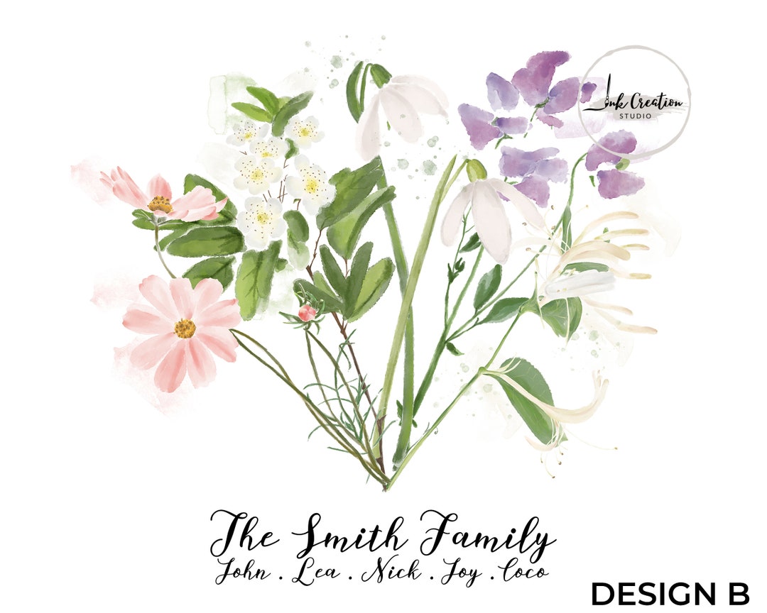Custom Family Birth Flower Bouquet Print, Personalized Birth Month ...