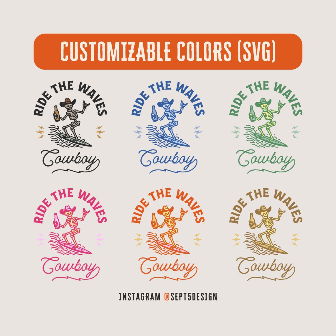 Surfing Cowboy Skeleton SVG for Print & Cut, Western Summer Cowboy With ...