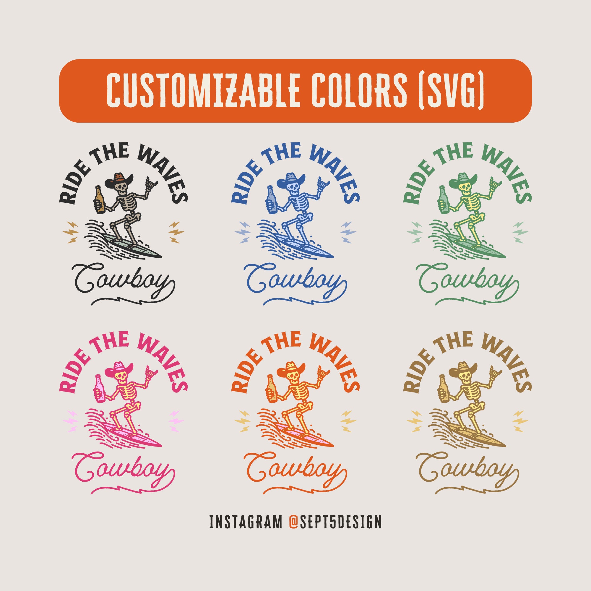 Surfing Cowboy Skeleton SVG for Print & Cut, Western Summer Cowboy With ...