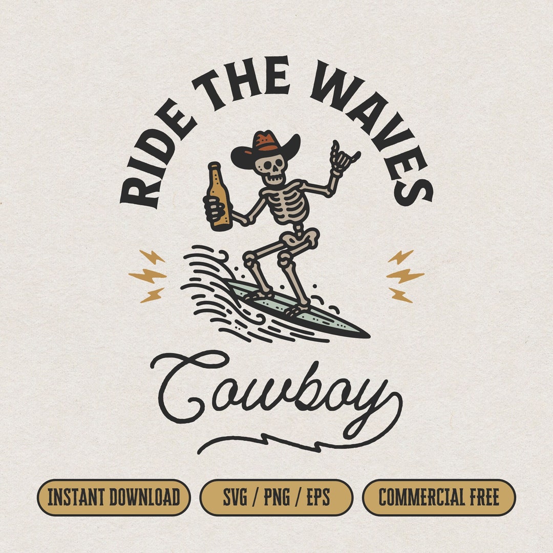 Surfing Cowboy Skeleton SVG for Print & Cut, Western Summer Cowboy With ...