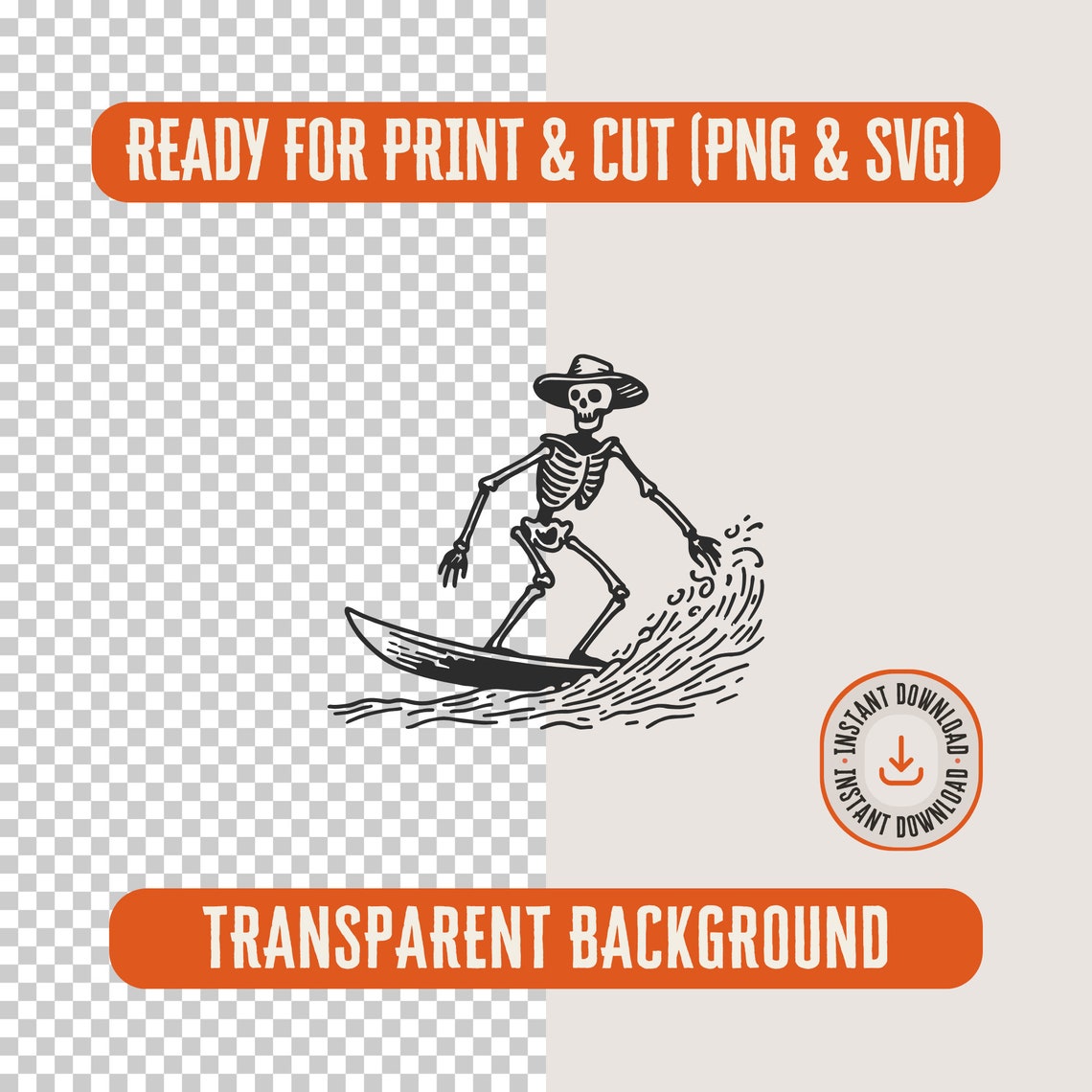Surfer Cowboy Skeleton SVG for Print & Laser Cut, Western Trendy Summer ...