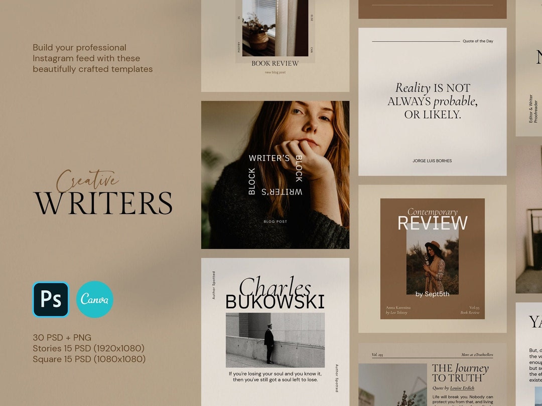 Writer Social Media Template, Instagram Canva Template for Author ...