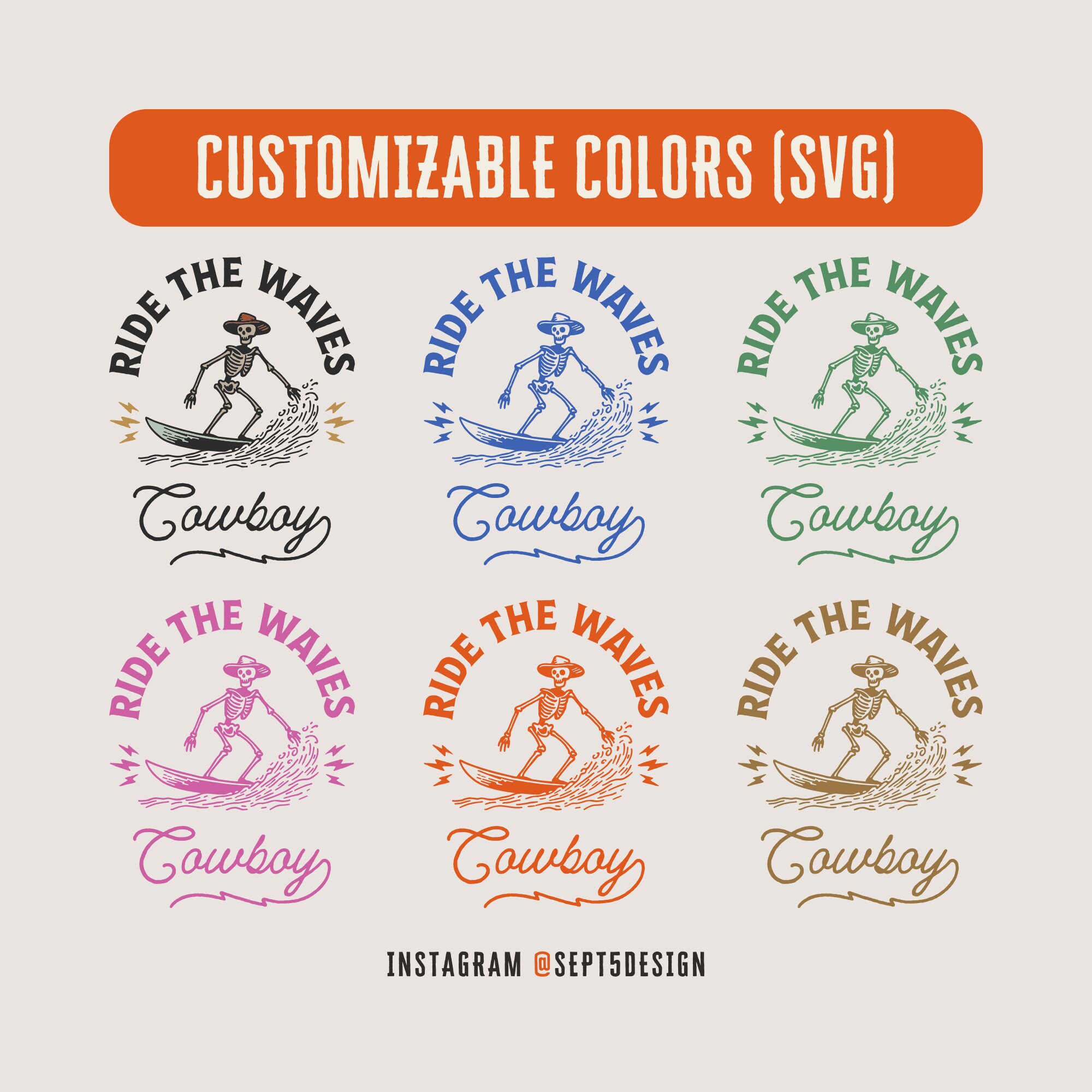 Surfer Cowboy Skeleton SVG for Print & Laser Cut, Western Trendy Summer ...