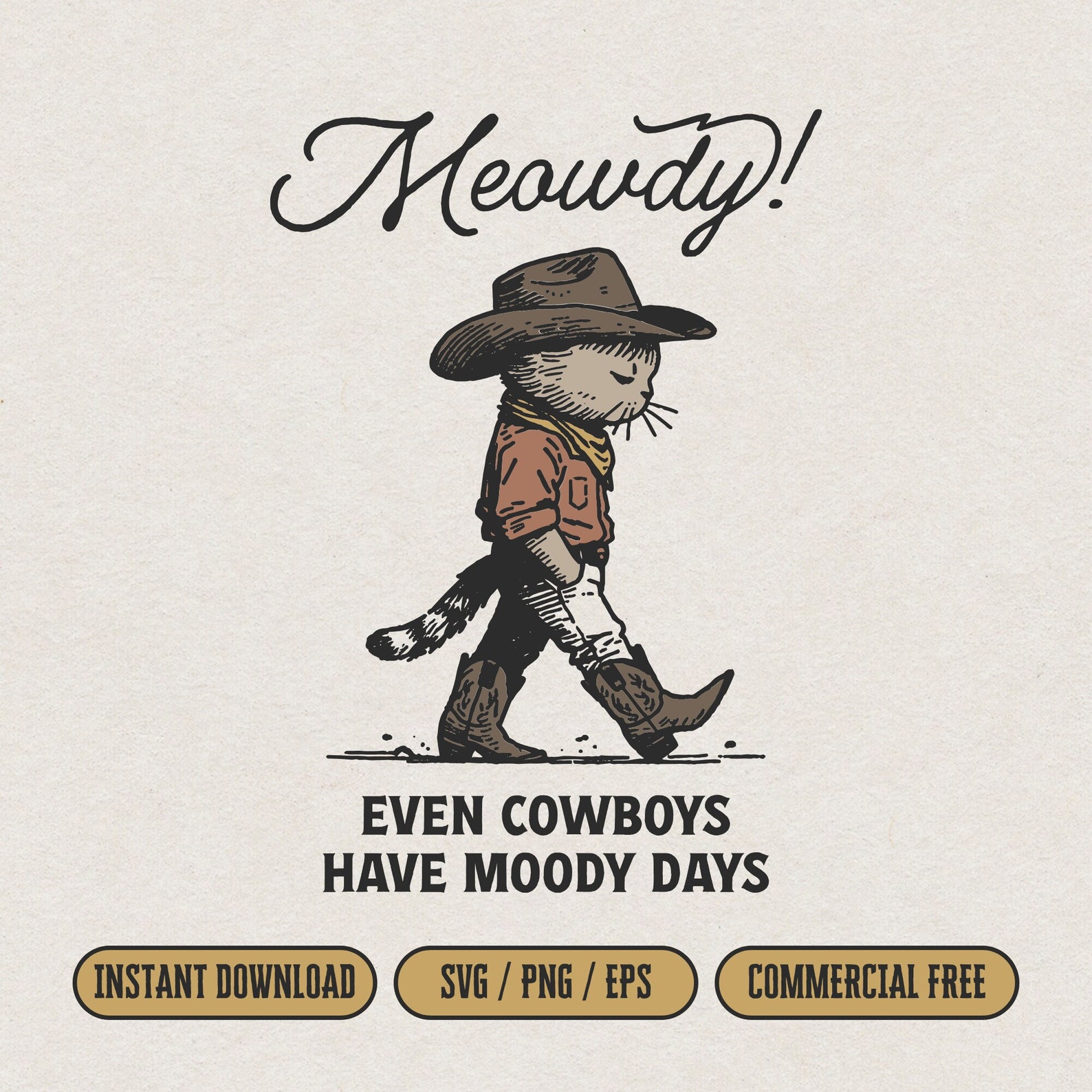 Sad Cat Cowboy SVG for Print & Cut, Western Style Moody Cowboy Cat ...