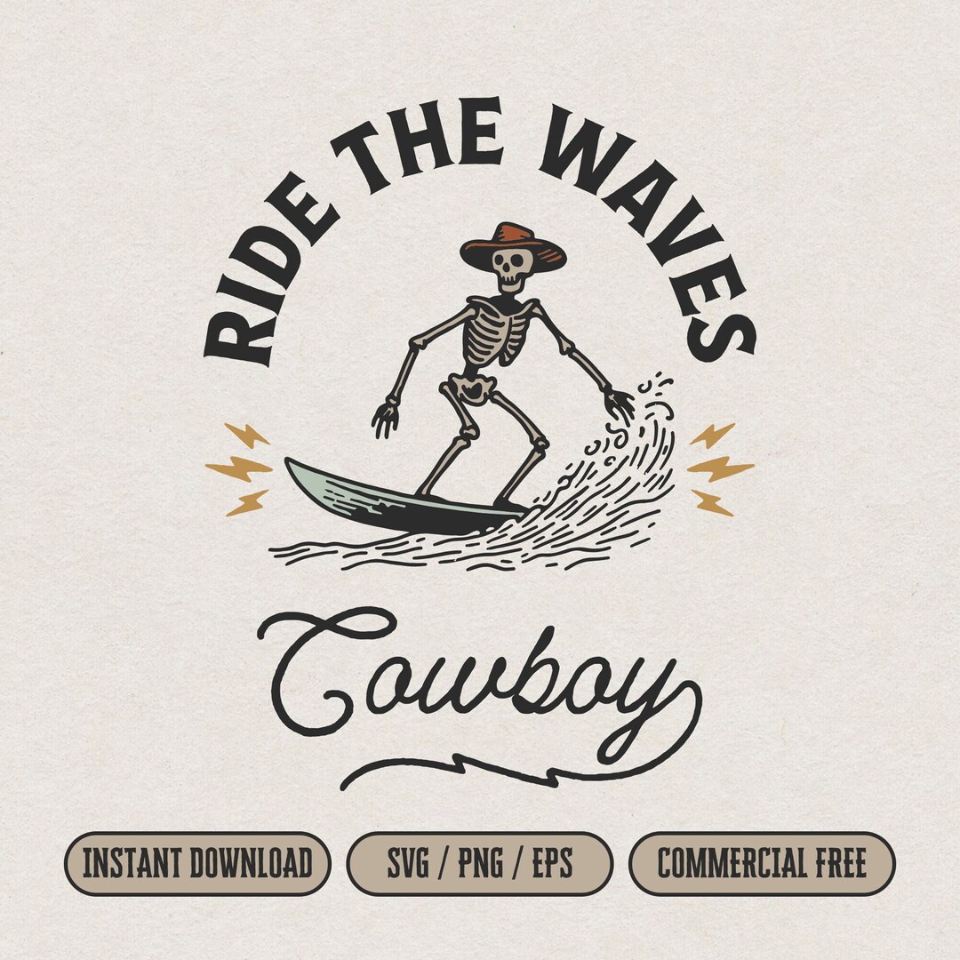 Surfer Cowboy Skeleton SVG for Print & Laser Cut, Western Trendy Summer ...