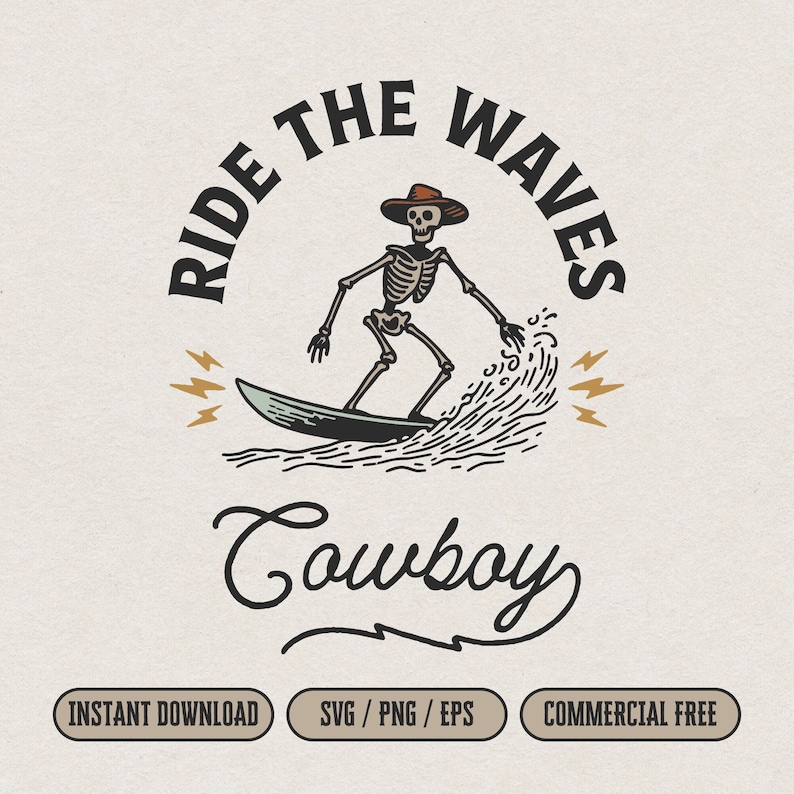 Surfer Cowboy Skeleton SVG for Print & Laser Cut, Western Trendy Summer ...