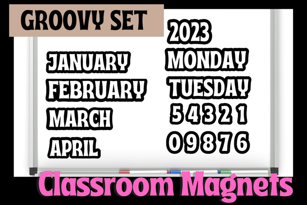 GROOVY FONT- Calendar Months Days Years Magnets for Classroom or Office ...